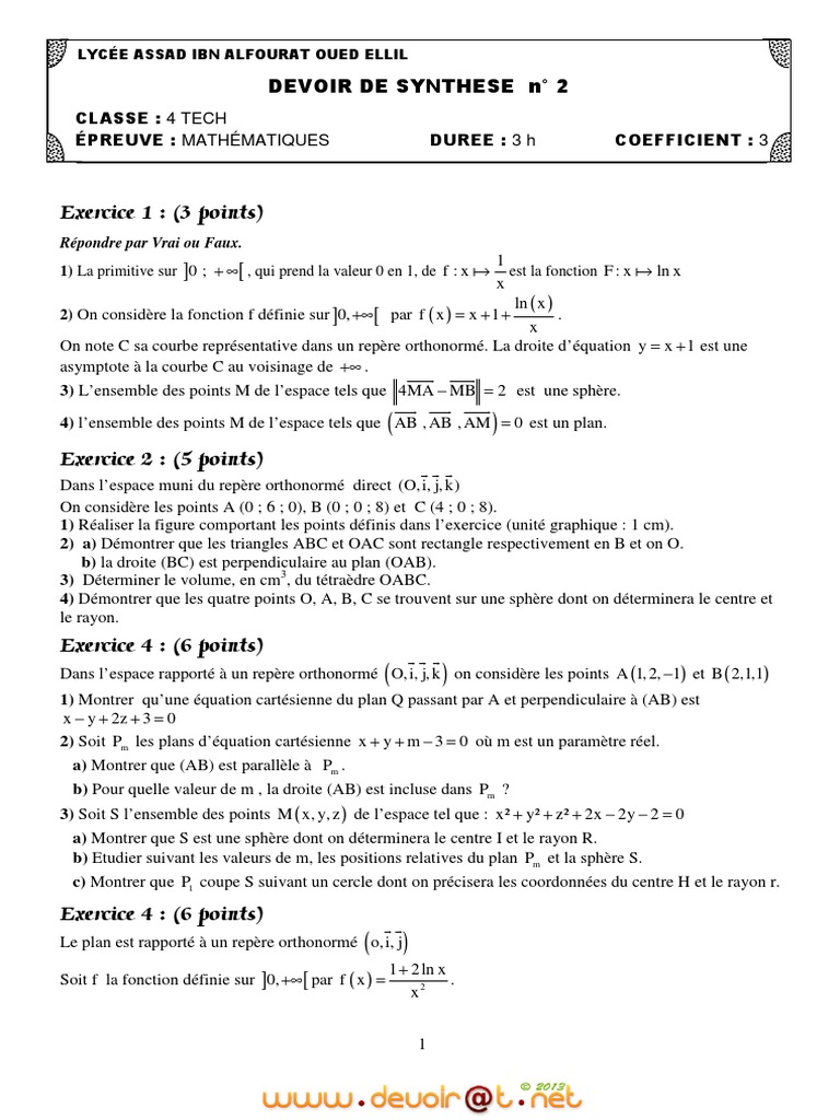 Devoir de mathématiques : exercices et corrections | PDF | Plan (Géométrie) | Coordonnées ...