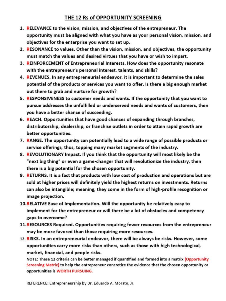 THE 12 Rs of OPPORTUNITY SCREENING | PDF | Entrepreneurship | Strategic ...
