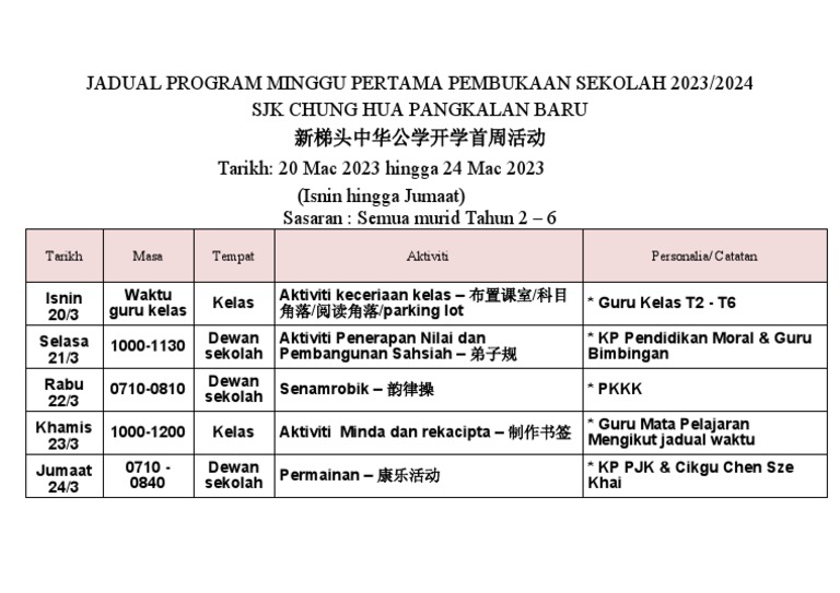 Jadual Program Minggu Pertama Pembukaan Sekolah 2023 | PDF