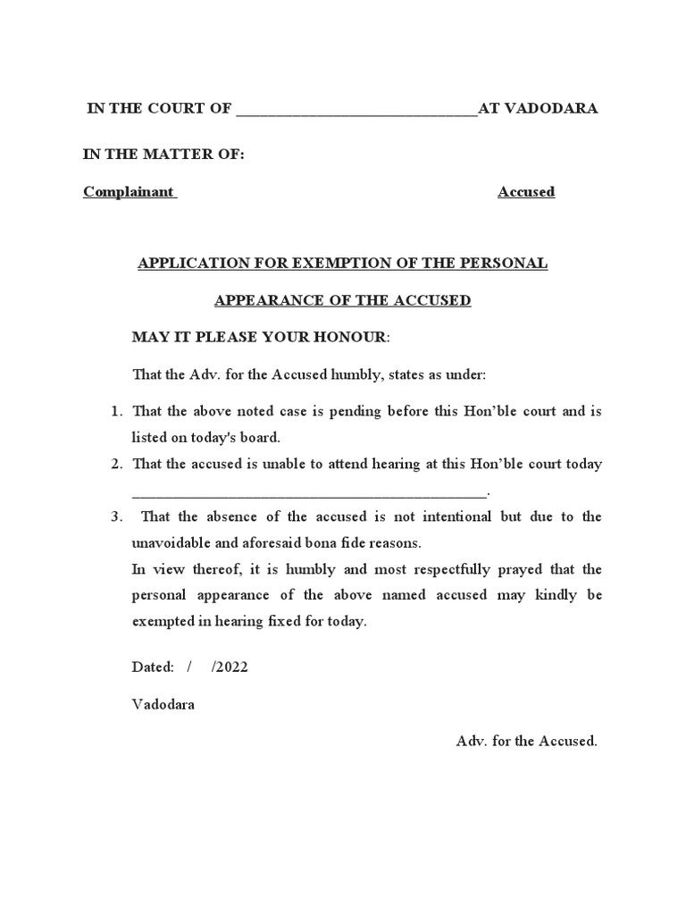 Exemption Application for Accused Appearance | PDF | Home & Garden