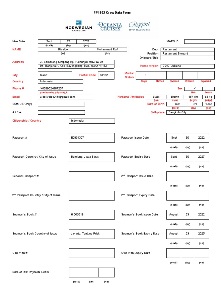 Crew Data Form NCL Fillable | PDF | National Security | International Law