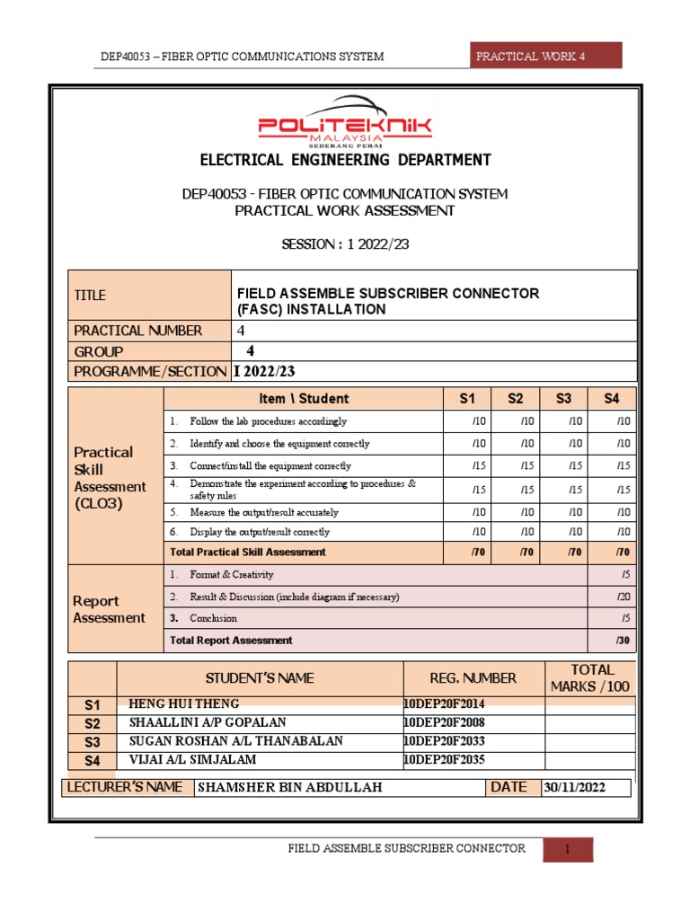 LAB 4 - DEP40053 - PTSB - FASC Connector | PDF | Fiber Optic ...