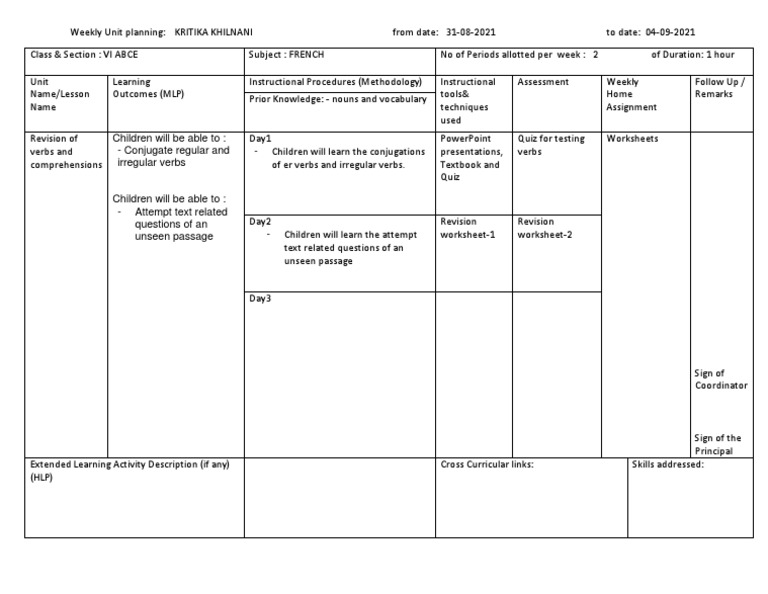 French Unit Plan for Grade VI | PDF | Grammatical Conjugation | Cognition