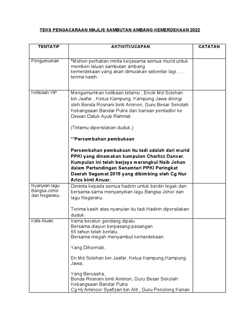 Teks Pengacaraan Majlis Sambutan Ambang Kemerdekaan 2022 | PDF