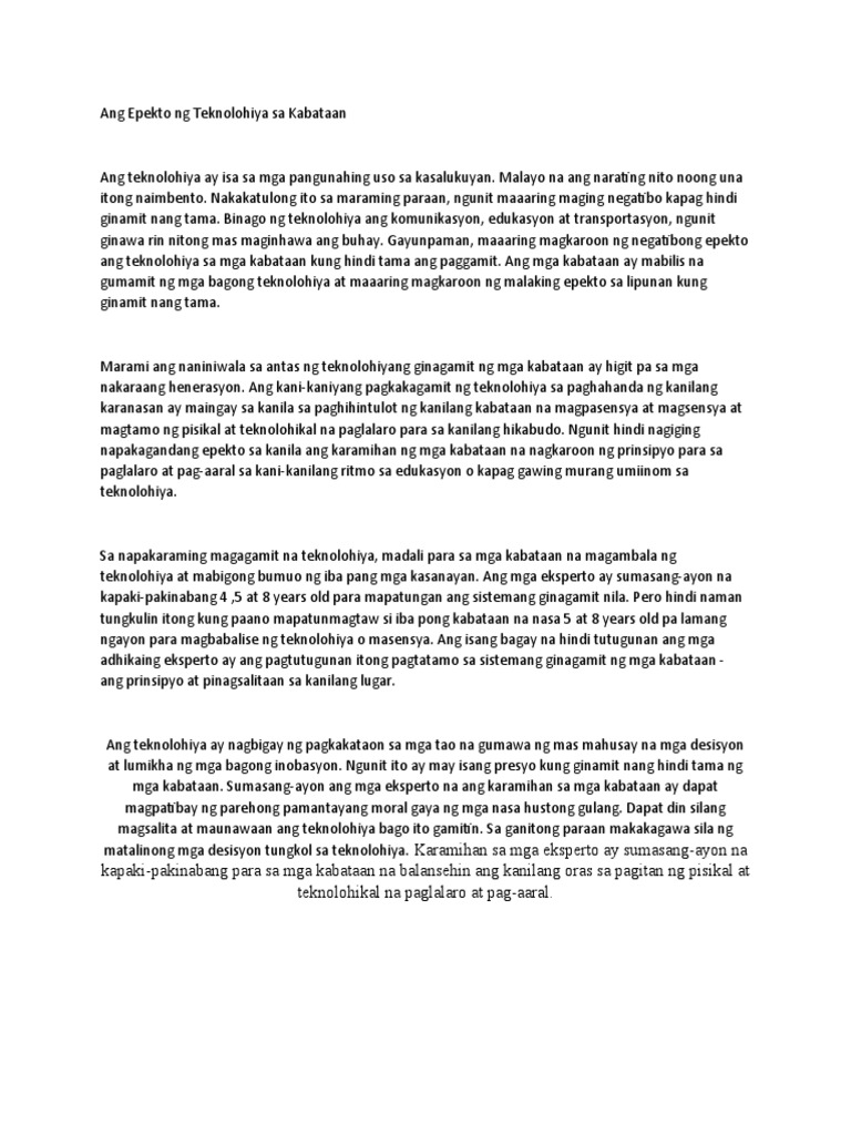 Ang Epekto NG Teknolohiya Sa Kabataan | PDF