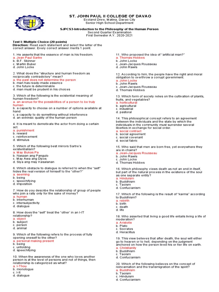 Answer Key 2nd Quarter Exam Introduction To The Philosophy of The Human ...