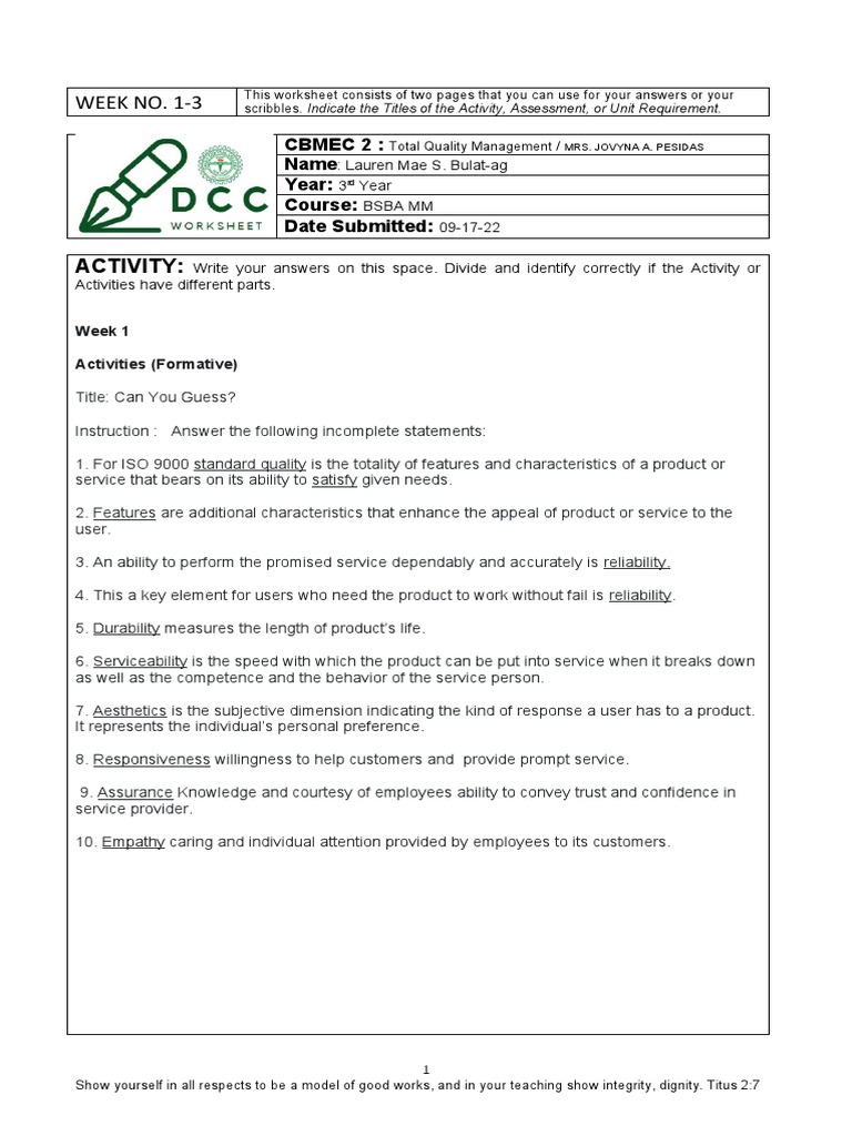 Bulat-Ag, Lauren Mae S. - Cbmec 2 Week 1-3 | PDF | Product (Business) | Quality Management