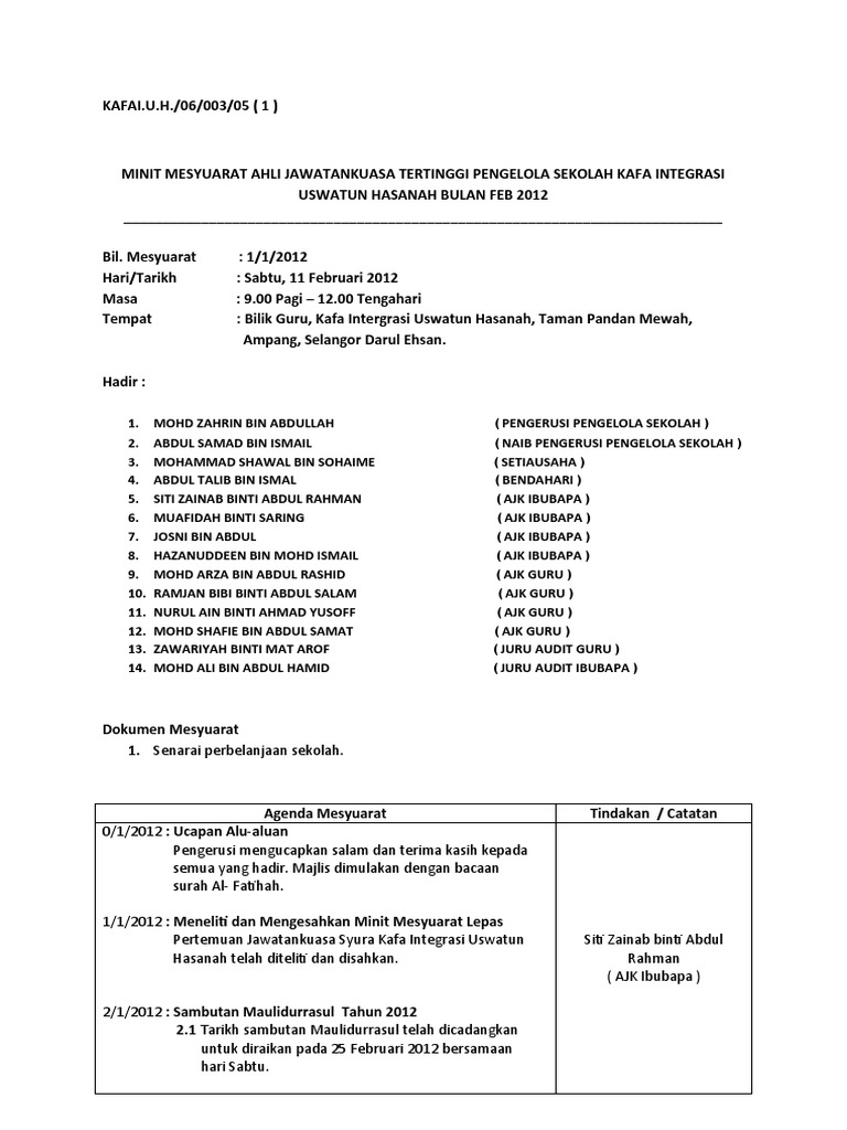 Contoh Minit Mesyuarat | PDF