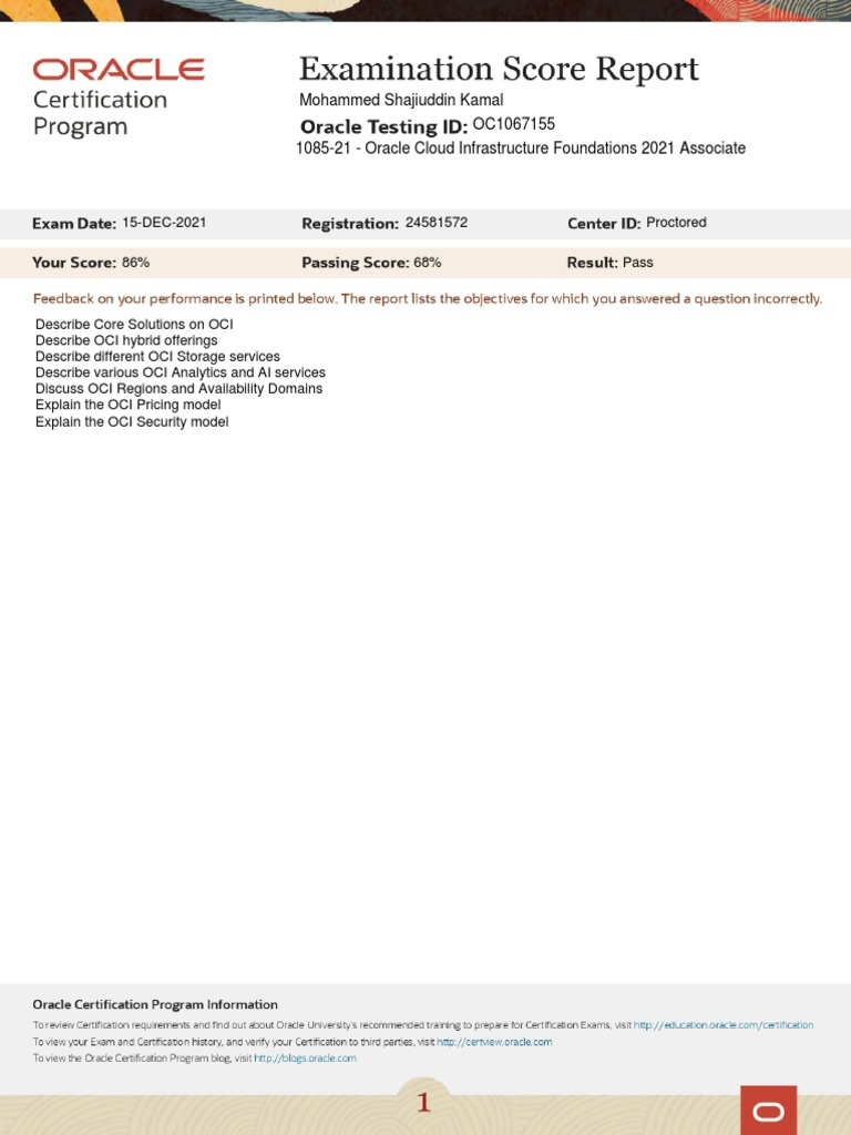 OCI Foundation Associate ScoreReport PDF | PDF
