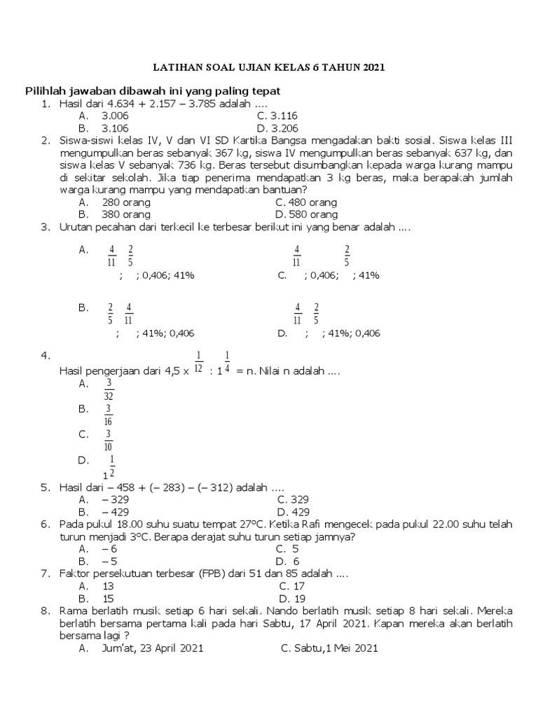 Latihan Soal Ujian Kelas 6 Tahun 2021 | PDF