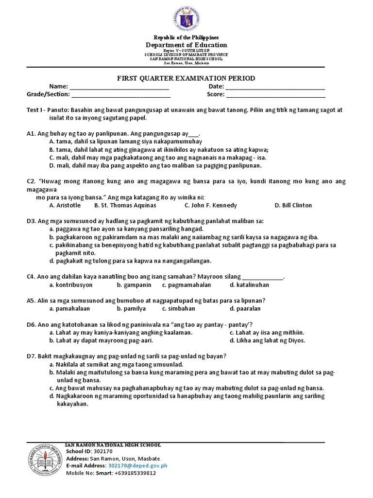 Esp 9 1st Quarter Examination Period | PDF