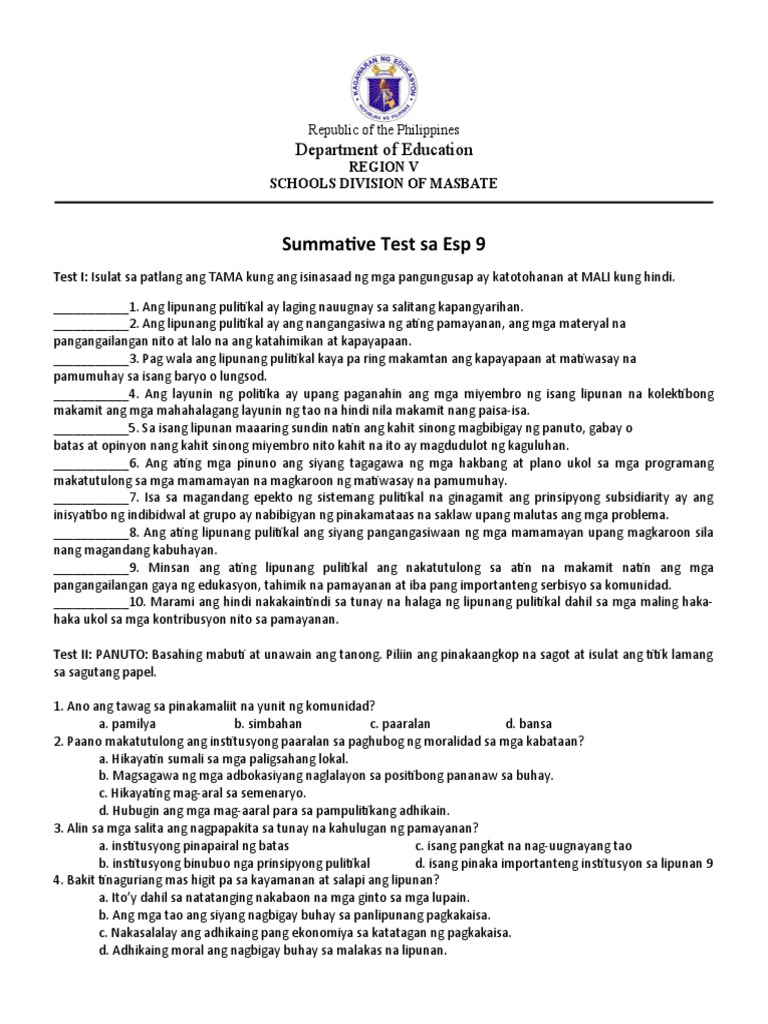 Summative Test Sa Esp 9 (Quarter 1) | PDF