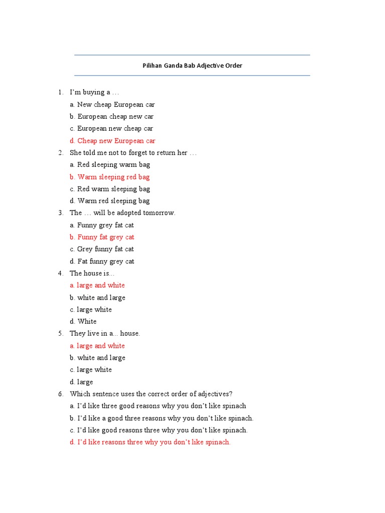 Latihan Soal Pilihan Ganda Adjective Order | PDF