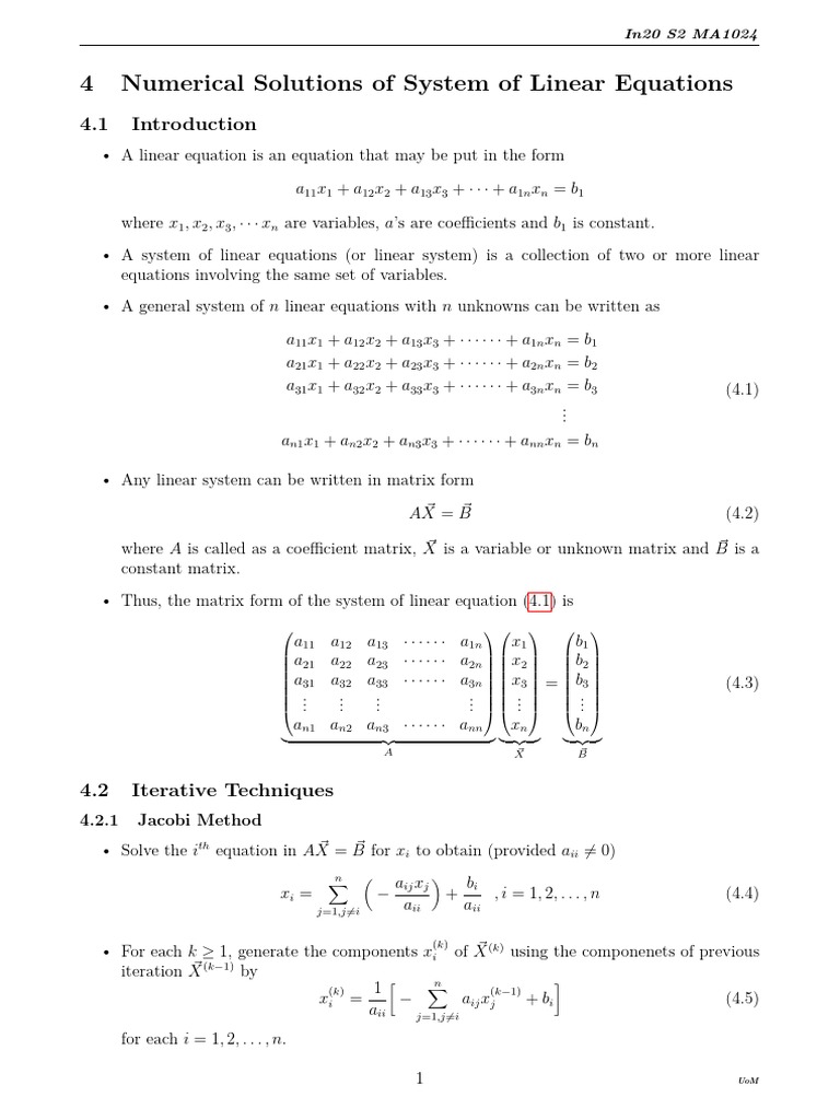 Note 4 - Numerical Solutions To System of Linear Eqns | PDF | Matrix ...