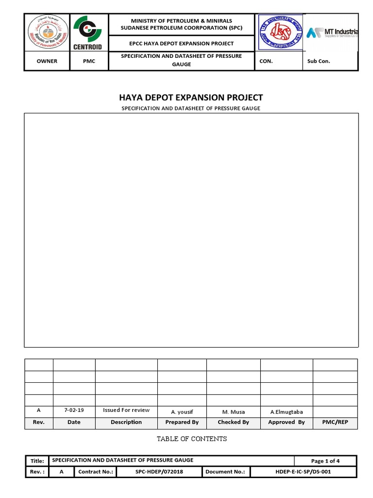 Haya Depot Expansion Project: Specification and Datasheet of Pressure Gauge | PDF | Pressure ...