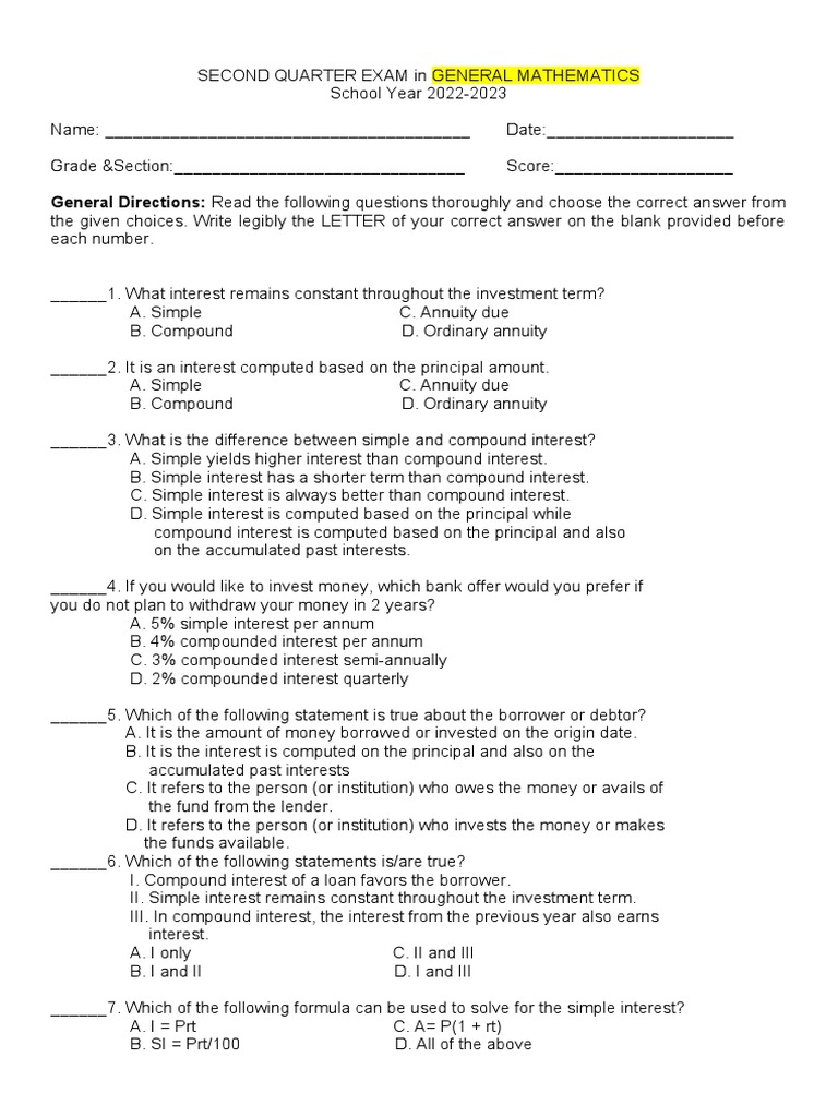 Grade 11 General Math 2nd Quarter Exam | PDF | Interest | Compound Interest