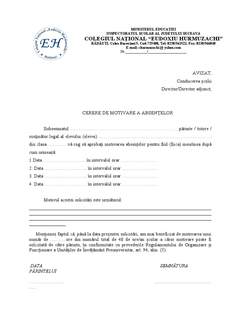Cerere Parinte Motivare Absente | PDF