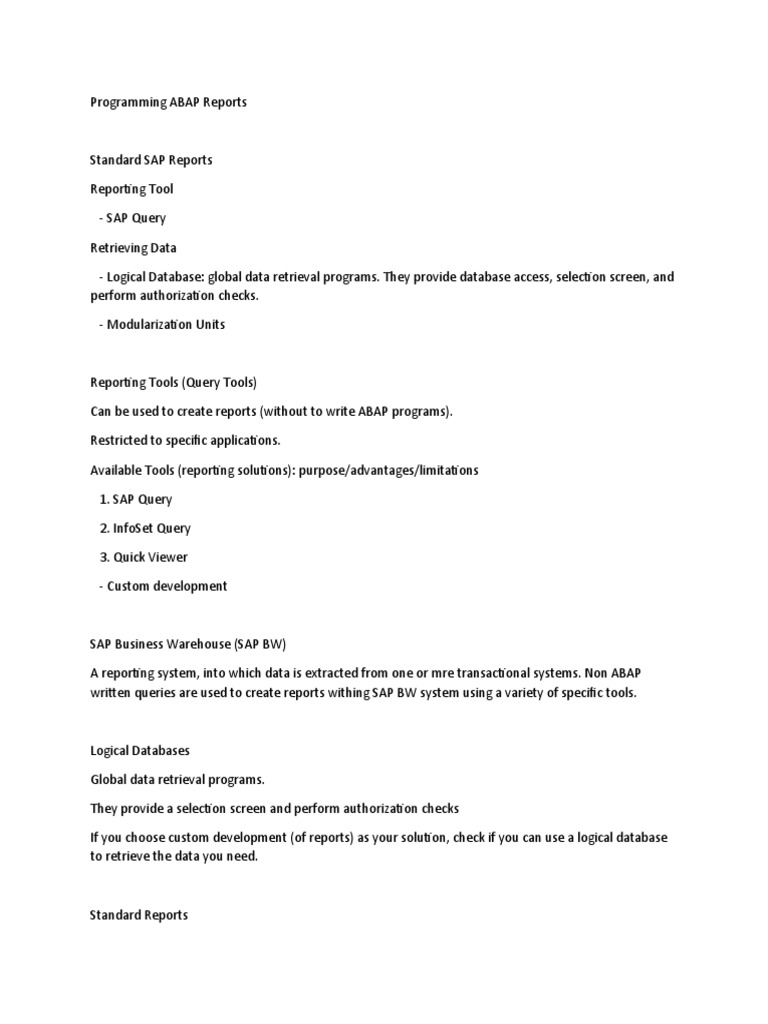 Programming ABAP Reports | PDF | Relational Database | Sql Programming ABAP Reports | PDF | Relational Database | Sql