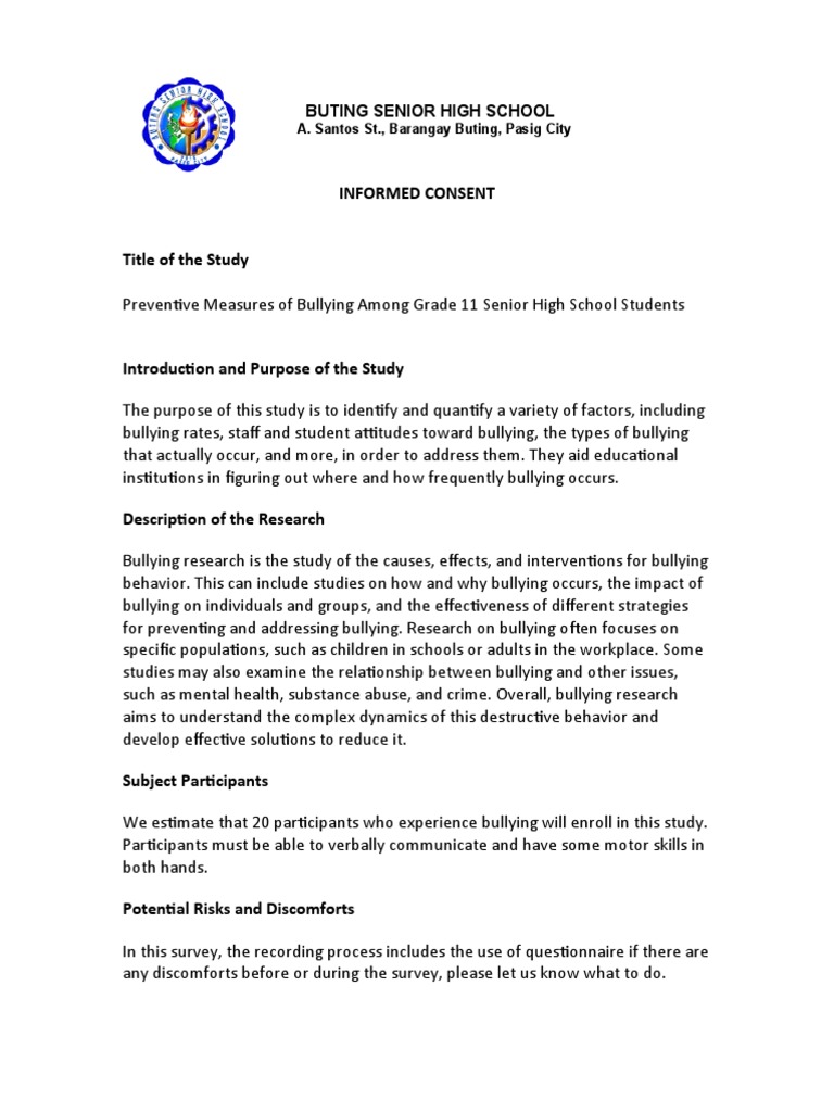 Informed - Consent Template | PDF | Bullying | Psychological Concepts