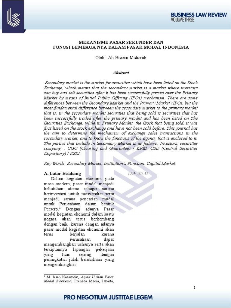 V 01 No 03 Mekanisme Pasar Sekunder Dan Fungsi Lembaga Nya Dalam Pasar Modal Indonesia Ali ...