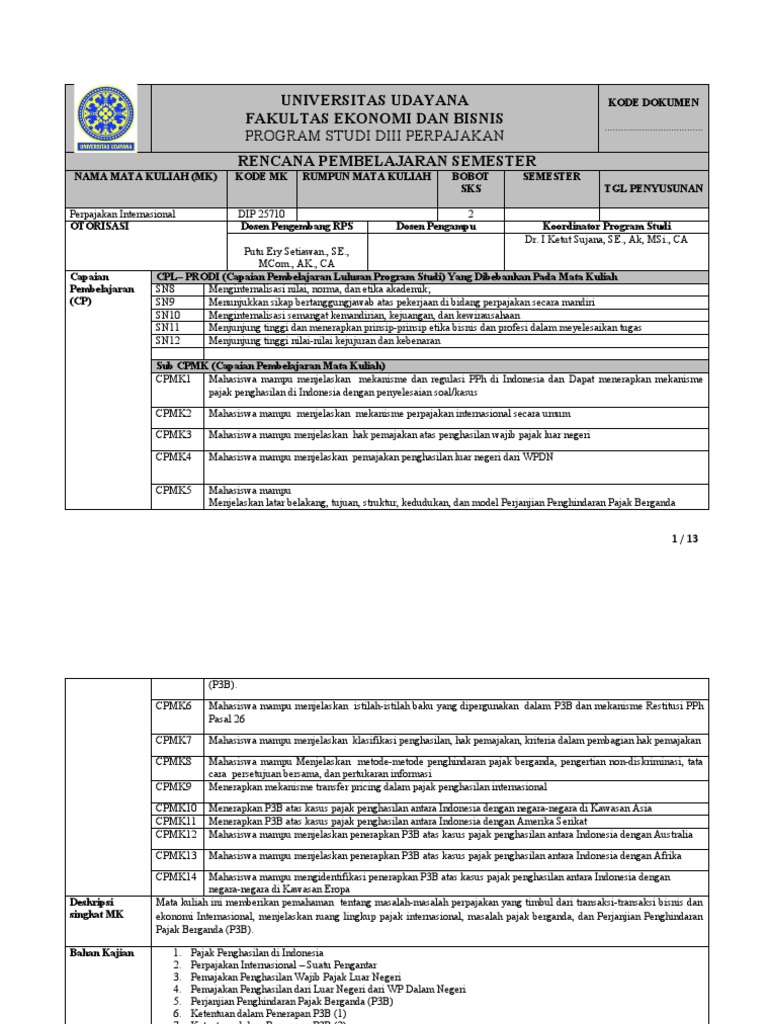 RPS Perpajakan Internasional F2F R 2021 | PDF