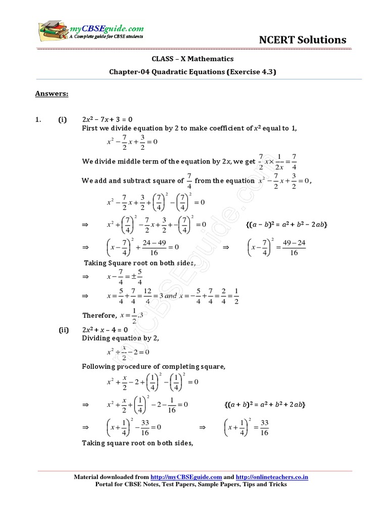 10 Mathematics Ncert ch04 Quadratic Equations Ex 4.3 Ans Ejf PDF | PDF | Quadratic Equation ...