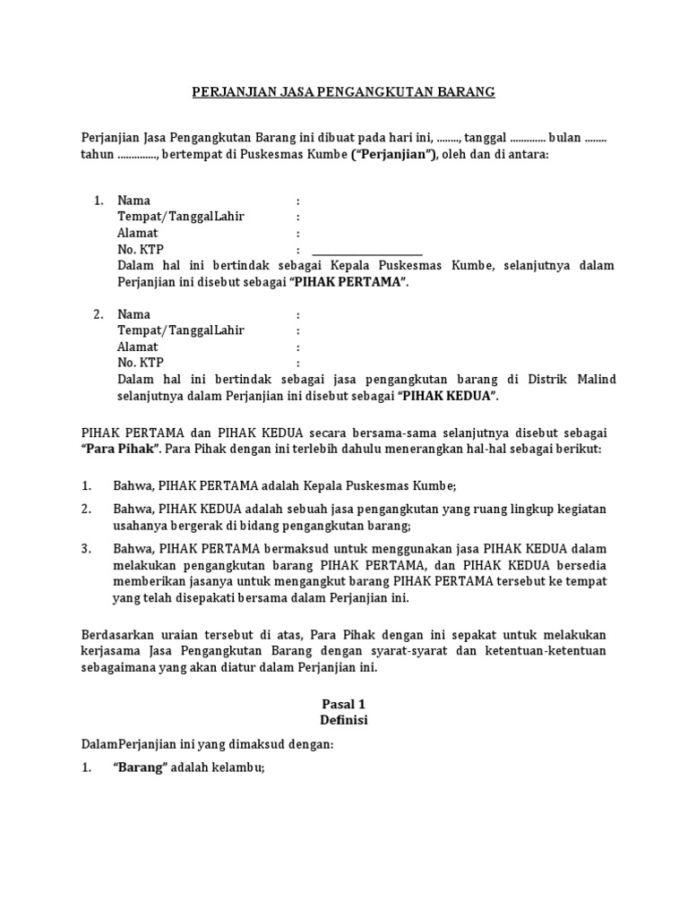 Contoh Perjanjian Jasa Pengangkutan Barang | PDF