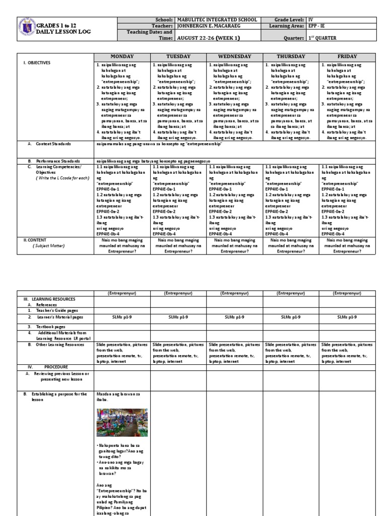 DLL - Epp 4 - Q1 - W1 | PDF