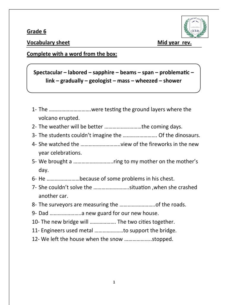 Grade 6 Vocabulary Worksheet | PDF | Games & Activities | Home & Garden