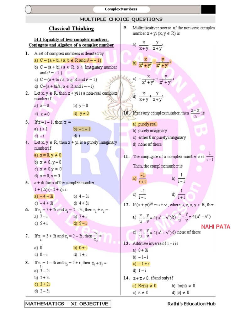 Class 11 Complex Numbers MCQs | PDF | Complex Number | Numbers