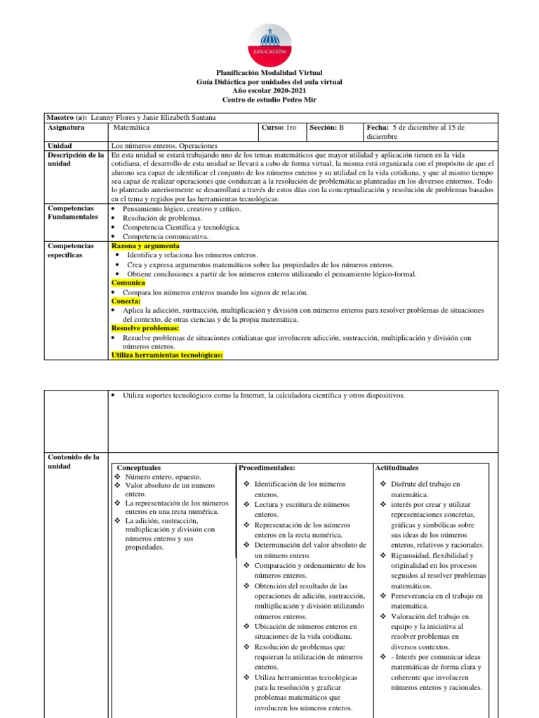 Planificación Modalidad Virtual Completo, Janie y Leanny Flores Matos #2 PDF | PDF | Sustracción ...