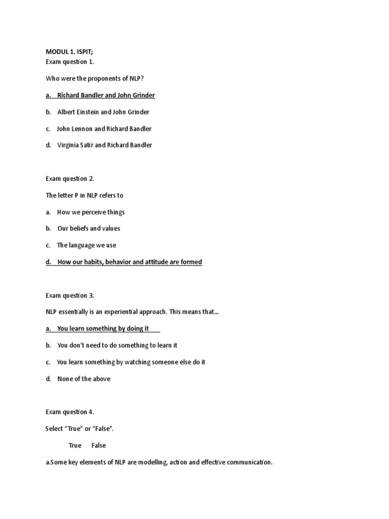 NLP Exam Questions and Concepts | PDF | Neuro Linguistic Programming ...
