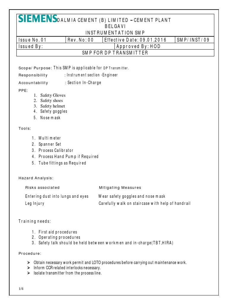 SMP For DP Transmitter | PDF | Calibration | Personal Protective Equipment