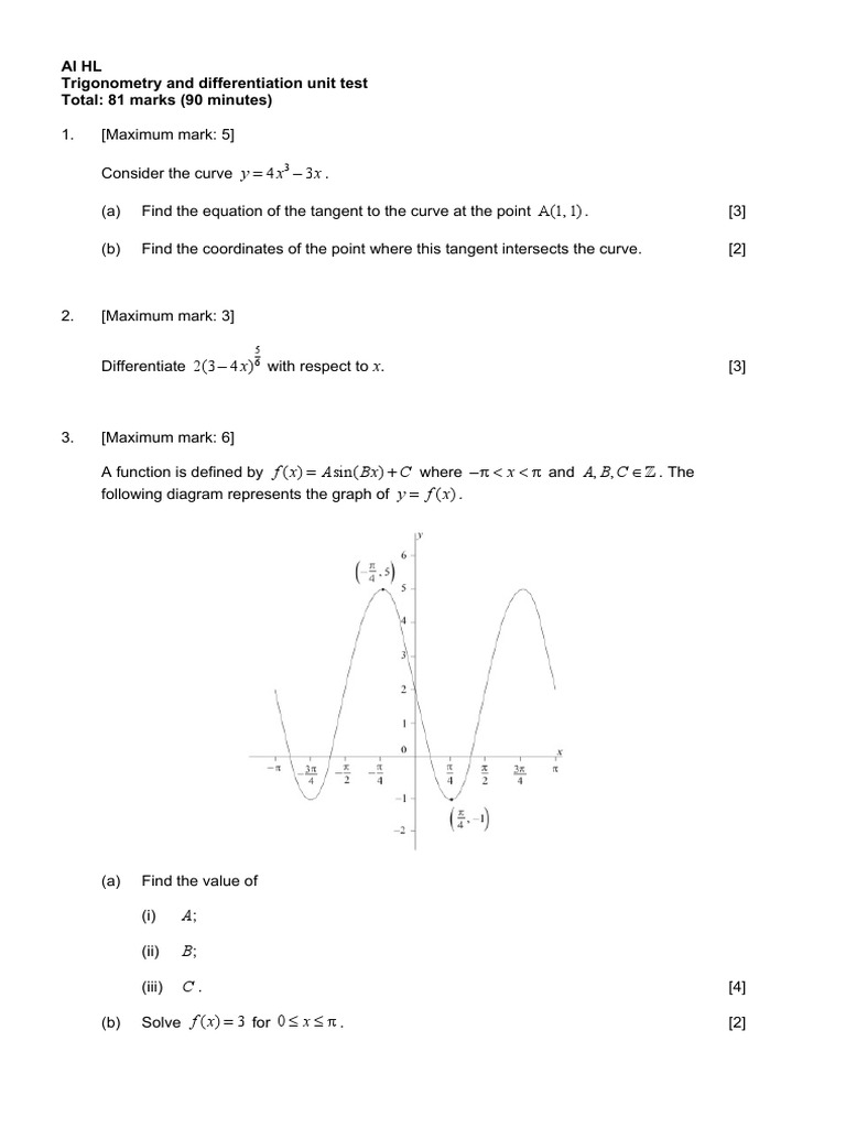 AI HL Trigonometry and differentiation unit test | PDF | Tangent ...