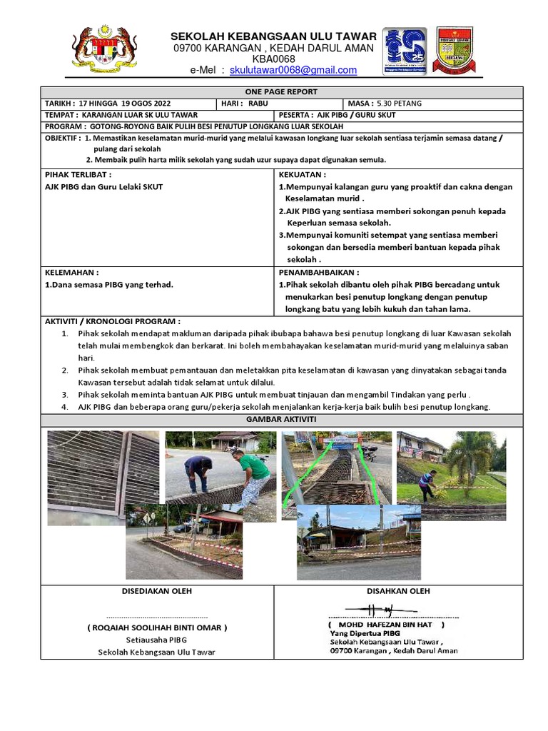 One Page Report Kerja Baik Pulih Besi Penutup Longkang Pibg | PDF