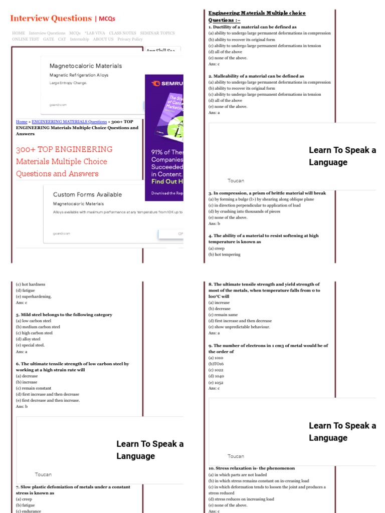 300+ TOP ENGINEERING Materials Questions and Answers PDF | PDF | Steel ...
