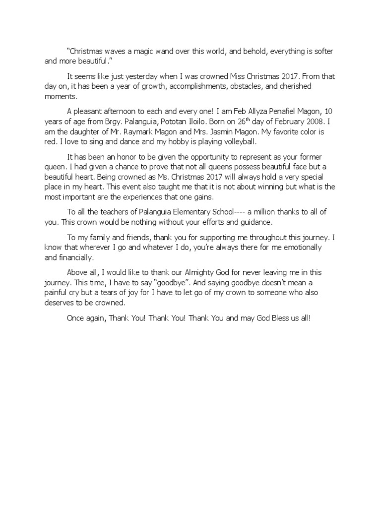 Farewell Speech by Miss Christmas 2017 | PDF | Self-Improvement