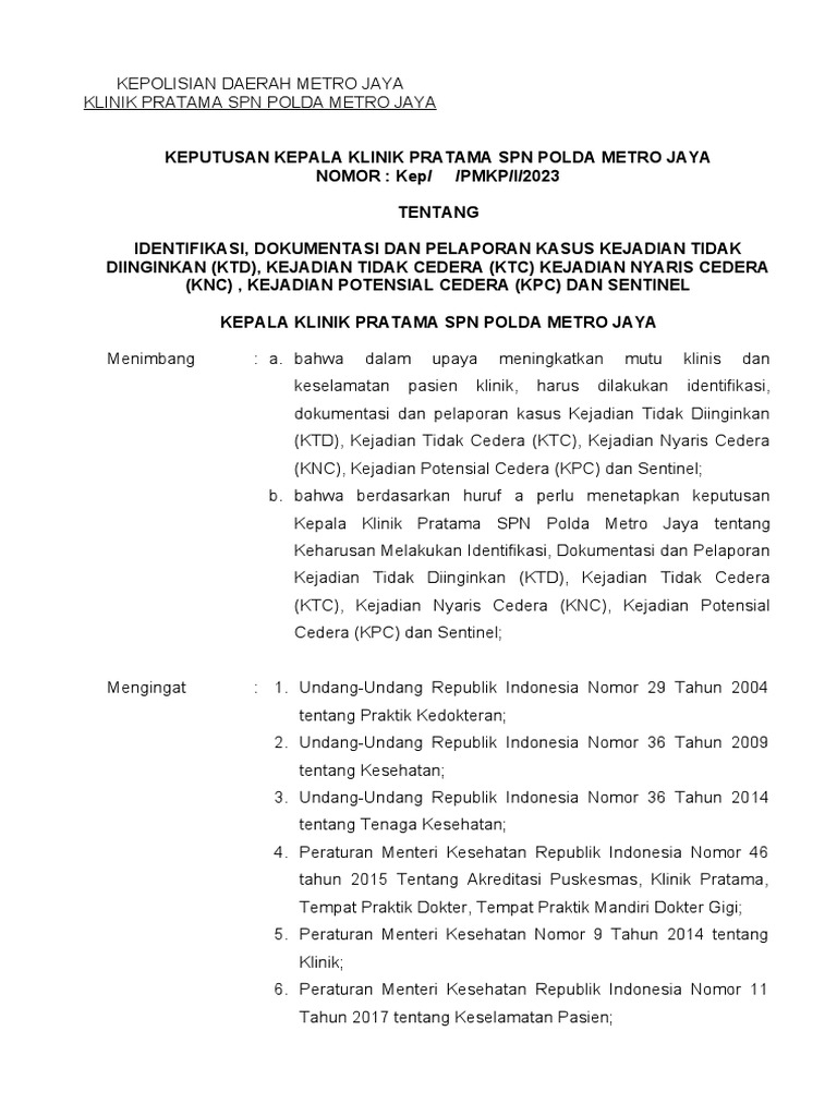 SK Keharusan Melakukan Identifikasi Dokumentasi Dan Pelaporan KTD KTC KNC KPC | PDF