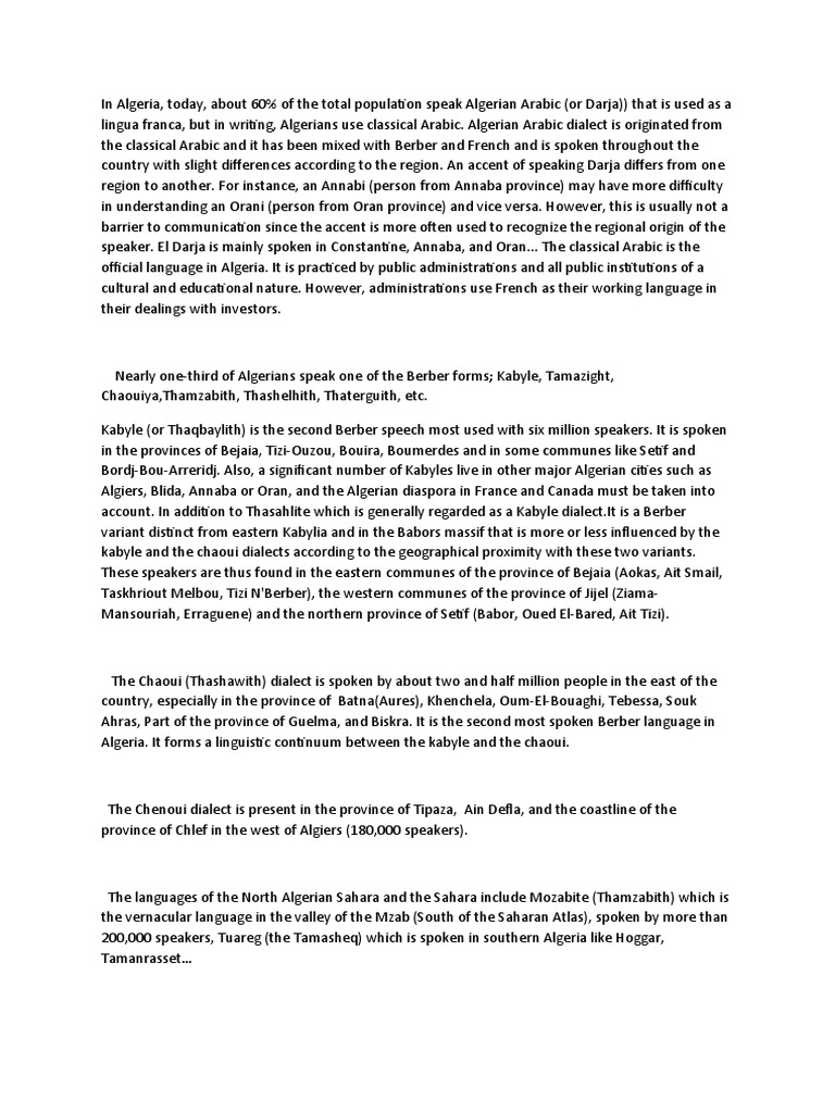 Major Languages Spoken in Algeria Including Arabic, Berber Dialects ...