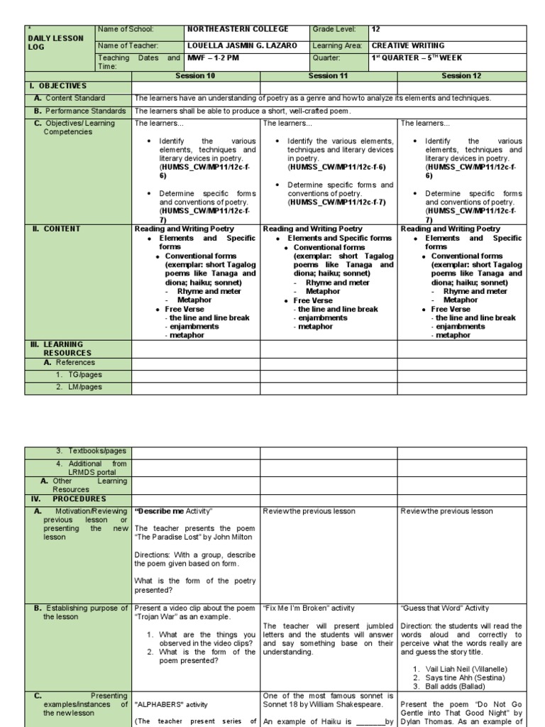 Grade 12 Creative Writing Lesson Plan | PDF | Poetry | Narrative Forms