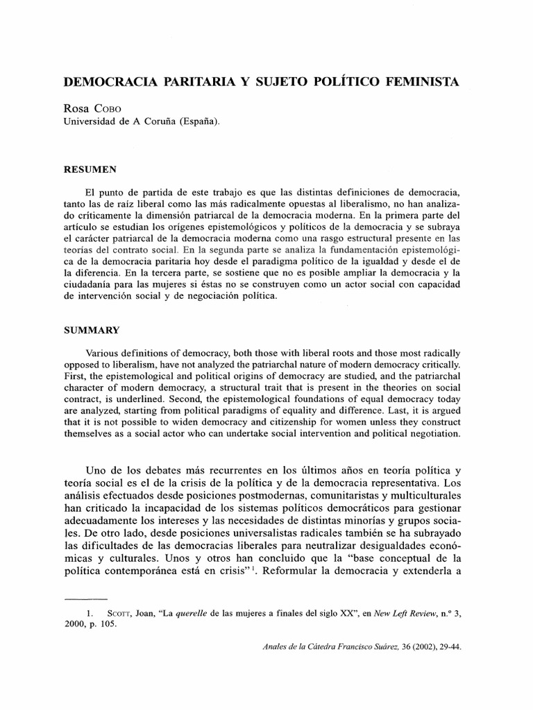 Rosa Cobo-Democracia Paritaria y Sujeto Feminista | PDF | Estudios de género | Feminismo