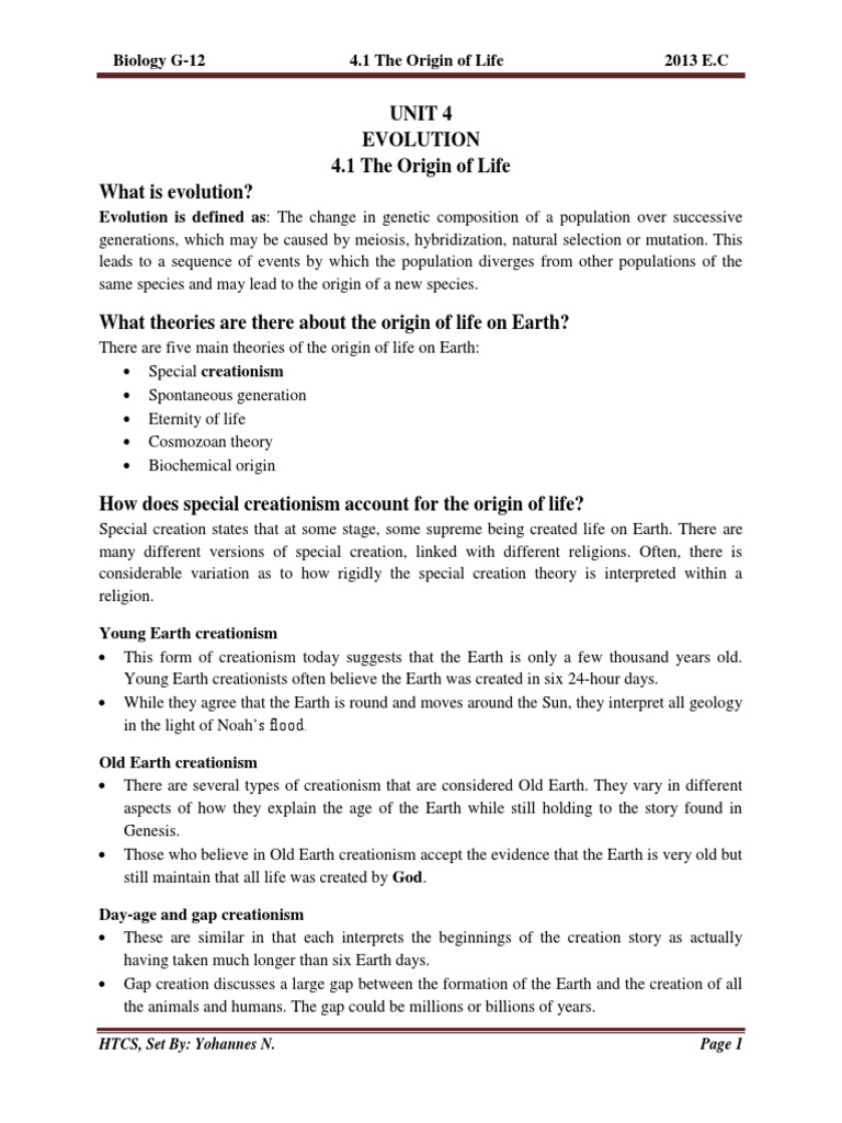 G-12 Biology, 4.1 The Origin of Life | PDF | Creationism | Abiogenesis