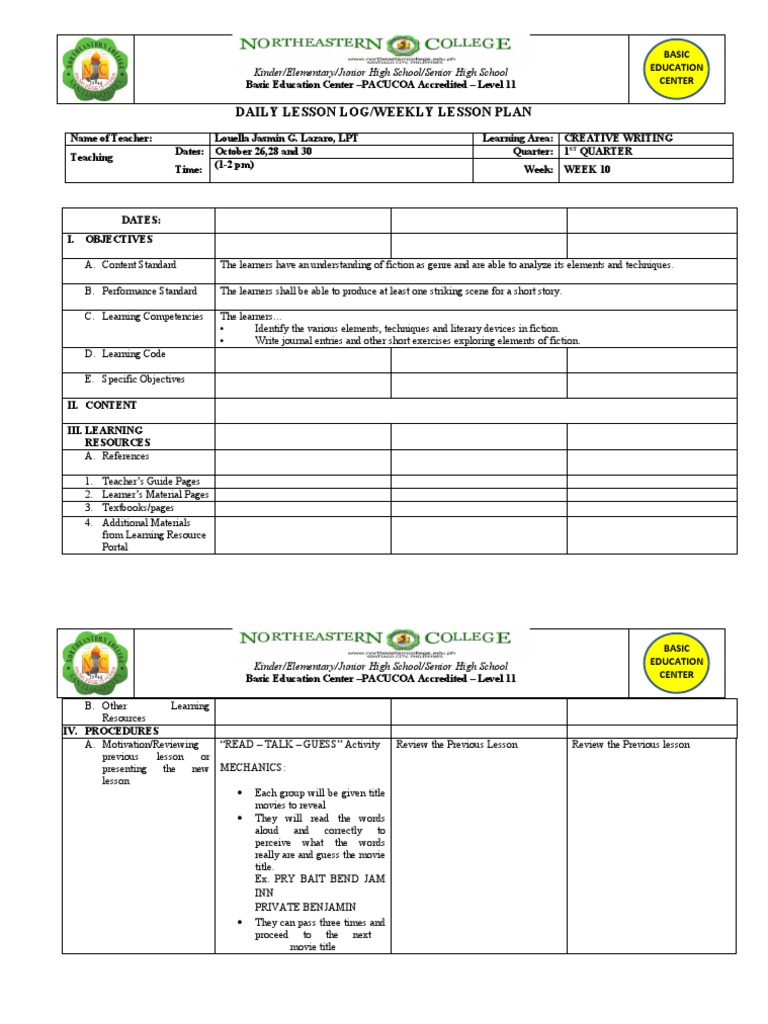 Creative Writing Lesson Plan | PDF | Learning | Teachers