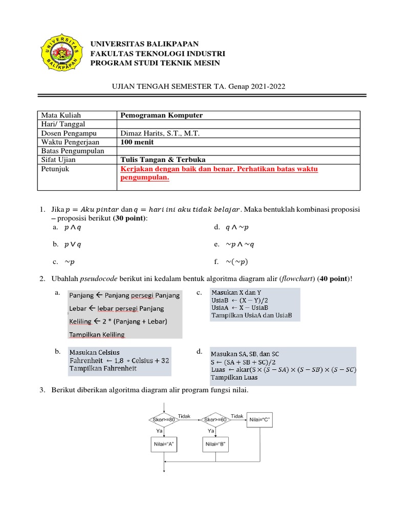 Ujian Tengah Semester Pemrograman Komputer | PDF | Komputer