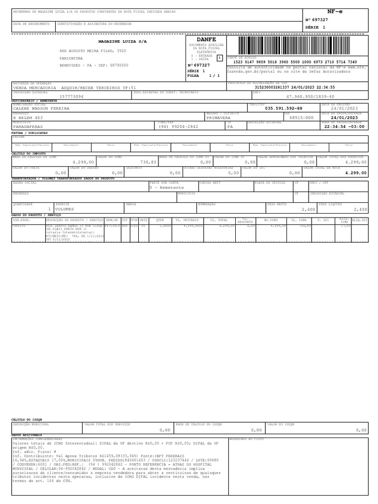 Nota fiscal de venda de notebook para pessoa física emitida pela ...