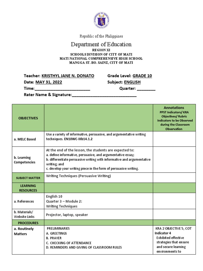 COT 1 Donato Final | PDF | Learning | Essays