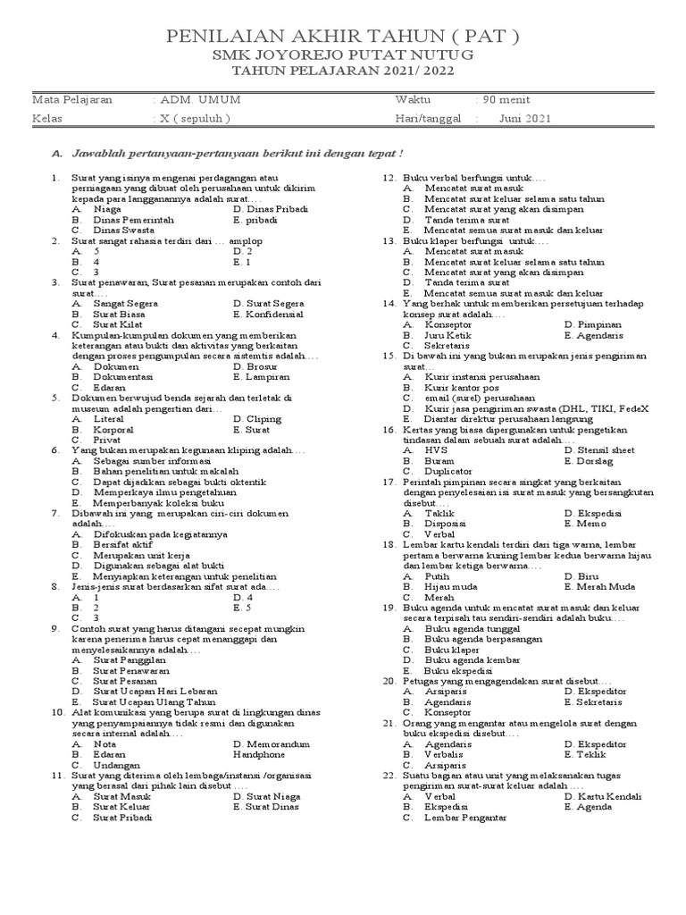 Soal PAT ADM. UMUM Kelas X | PDF