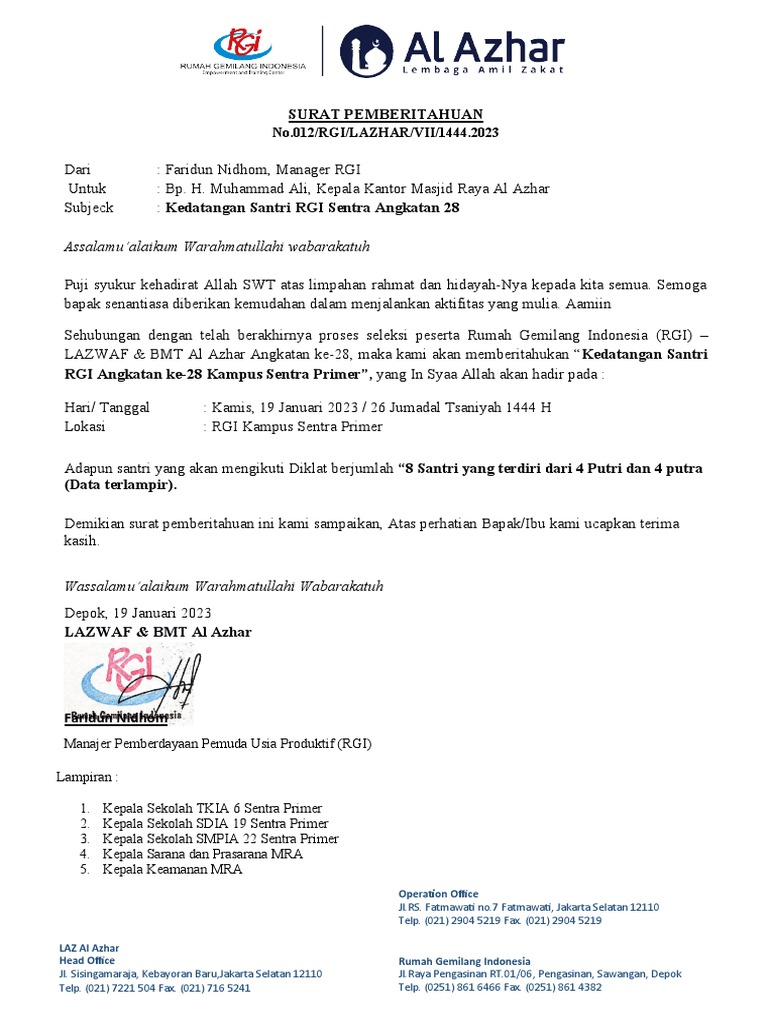 Surat Kedatangan Santri Diklat RGI Sentra A28 | PDF Surat Kedatangan Santri Diklat RGI Sentra A28 | PDF