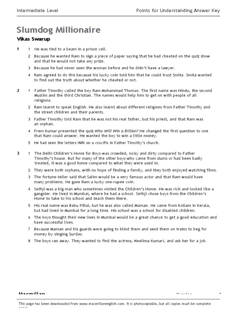 Slumdog Millionaire Points For Understanding Answer Key | PDF