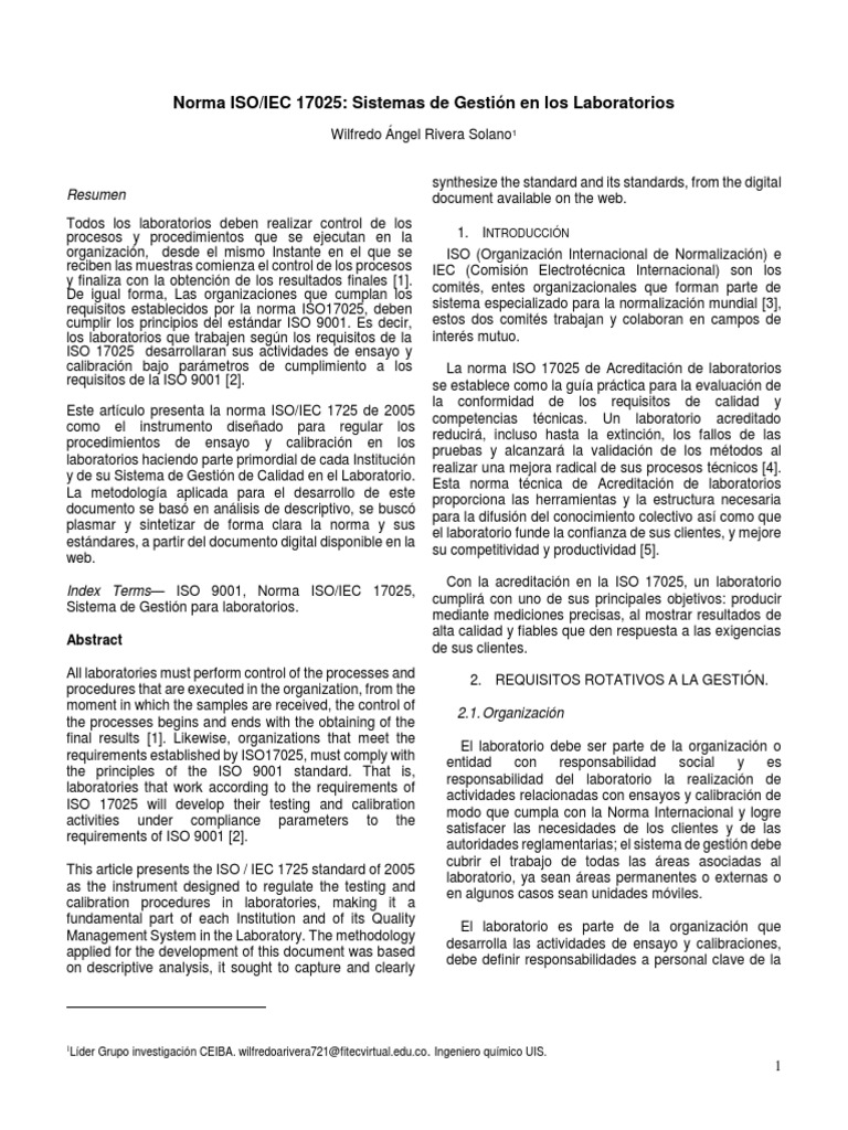 Norma ISO/IEC 17025: Sistemas de Gestión en Los Laboratorios | PDF | Calidad (comercial ...